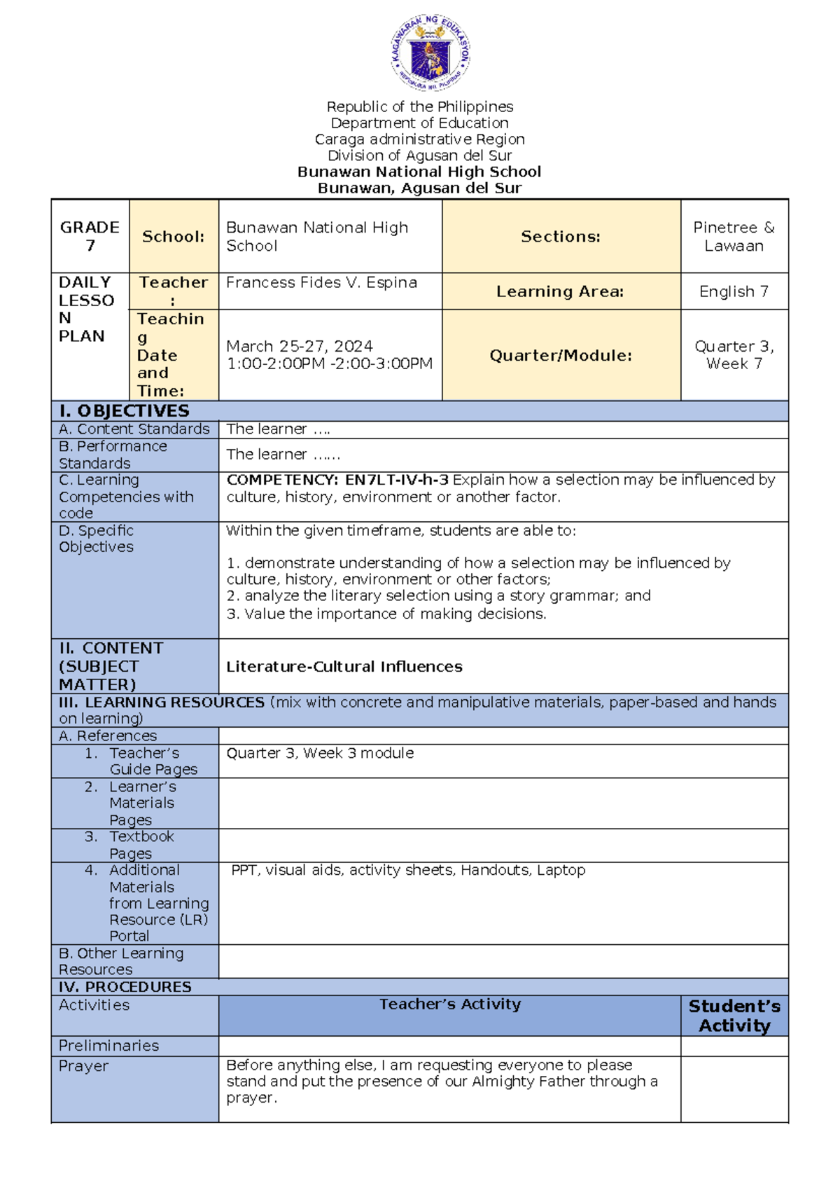 Quarter 3 - WEEK 7 Daily Lesson PLAN IN English - Copy - Republic of ...