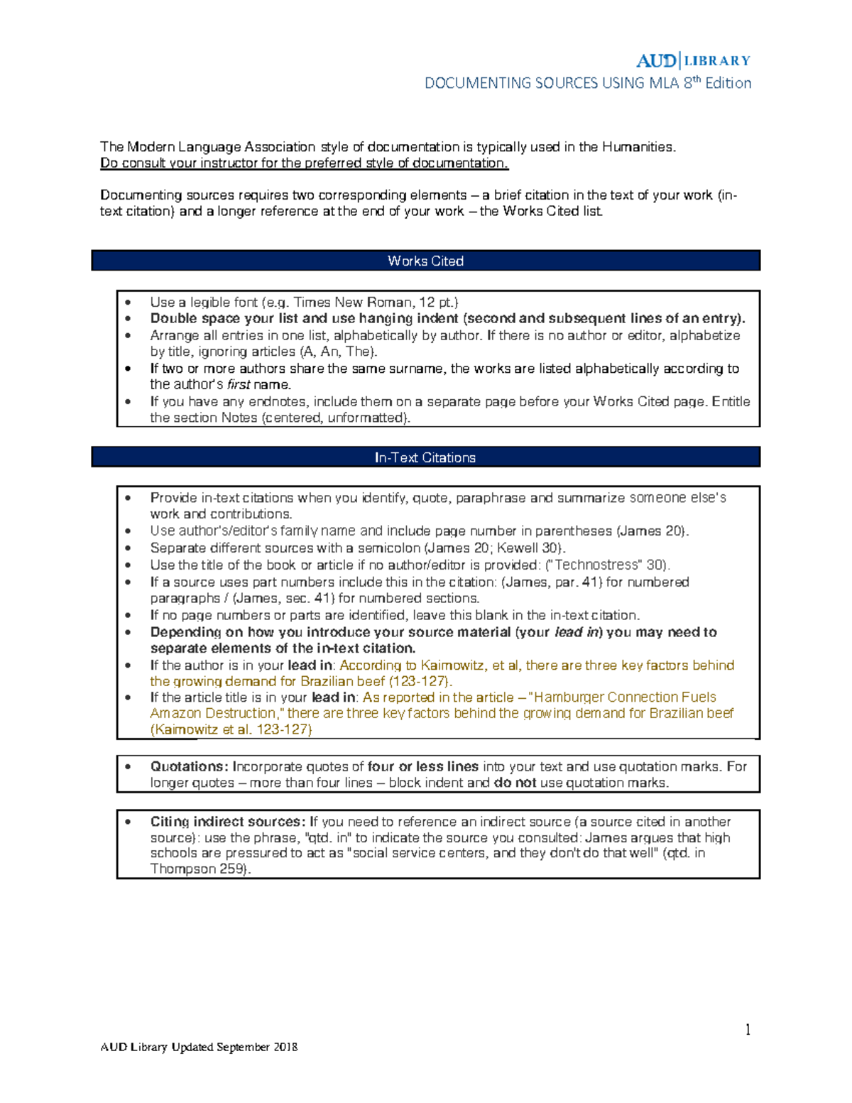 AUD Library MLA 8th ed - DOCUMENTING SOURCES USING MLA 8th Edition The ...
