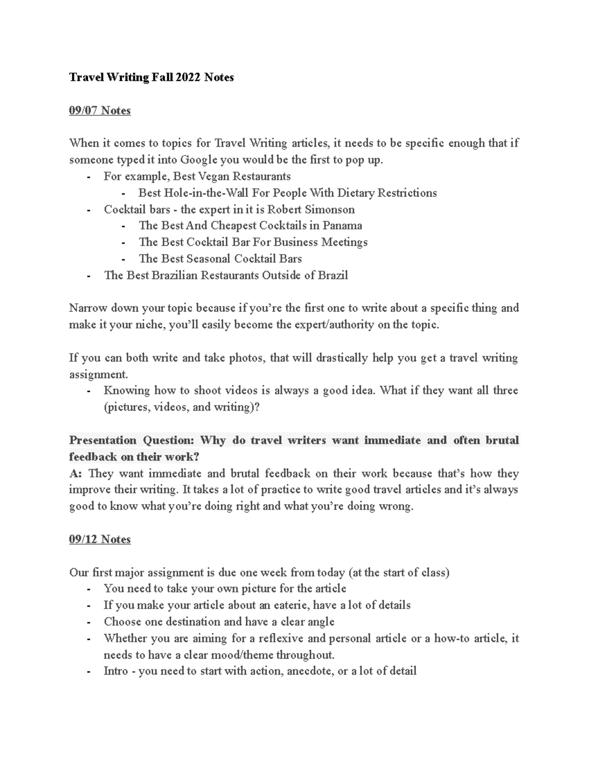 Travel Writing Fall 2022 Notes - Travel Writing Fall 2022 Notes 09/07 ...