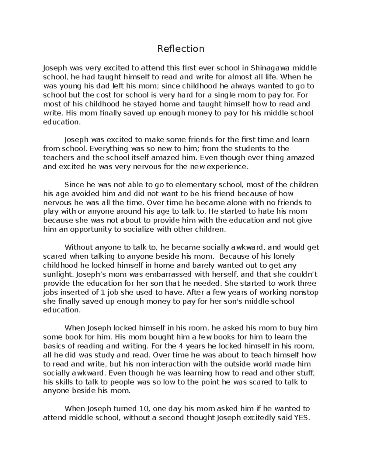 Reflection story - Reflection Joseph was very excited to attend this ...