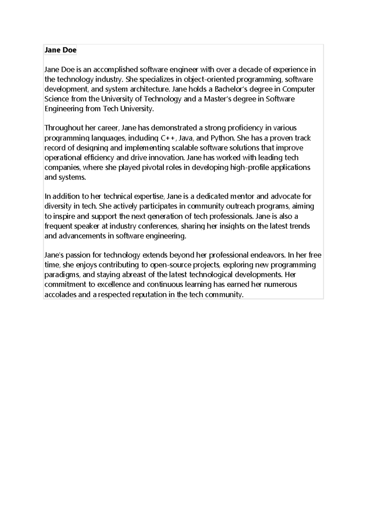 Jane Doe - Jane Doe Jane Doe is an accomplished software engineer with ...