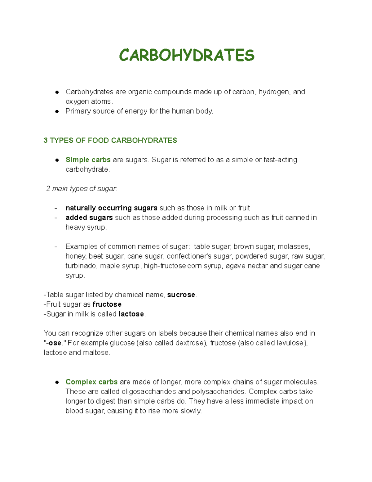 Learning Material- Carbs - CARBOHYDRATES Carbohydrates are organic ...