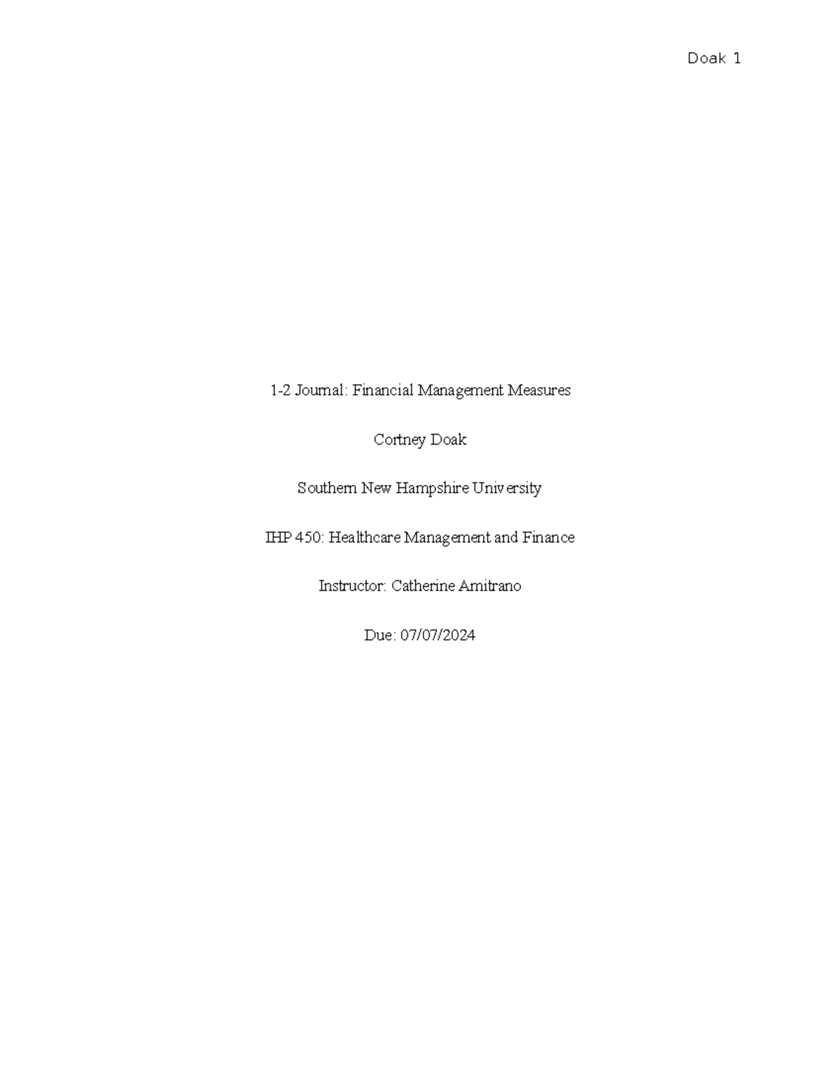 IHP 450 1-2 Journal Financial Management Measures - 1-2 Journal ...