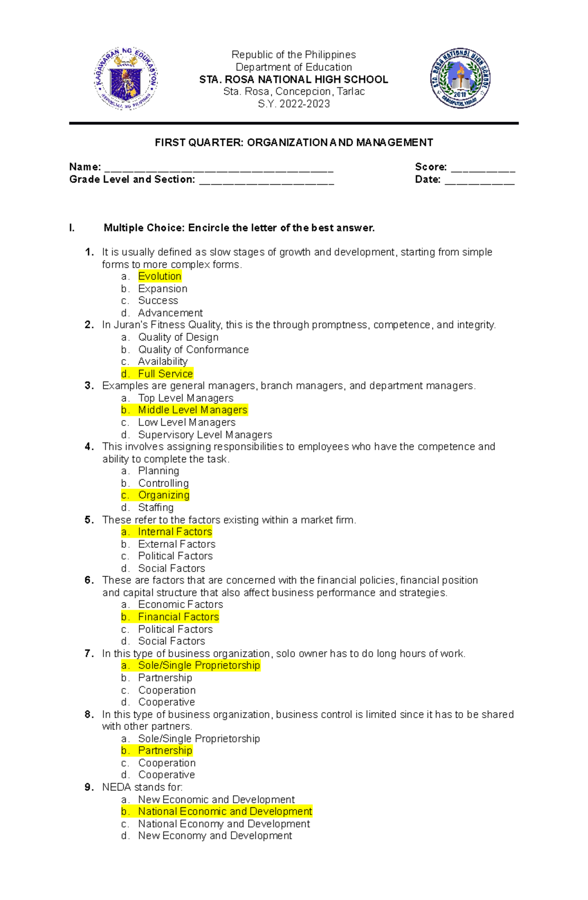 Test paper OM - n/a - Republic of the Philippines Department of ...