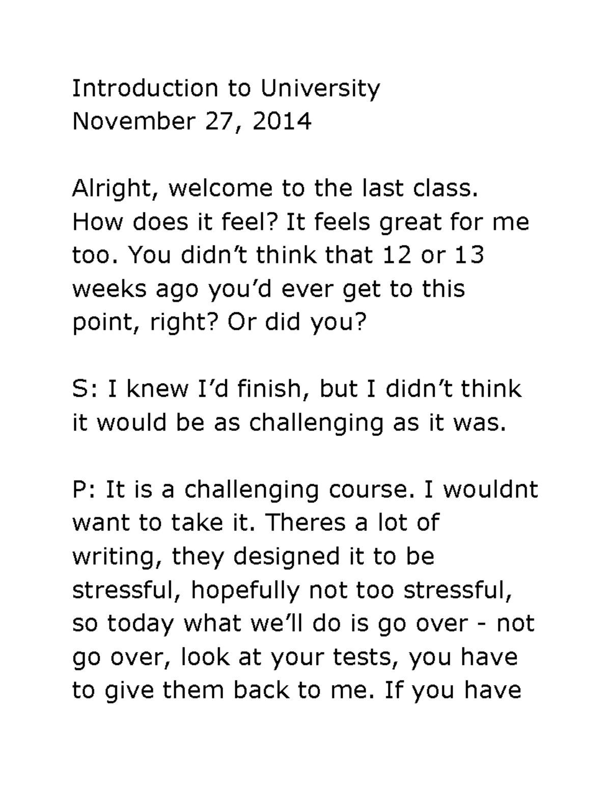 Intro to University, November 27, 2014 - Introduction to University ...