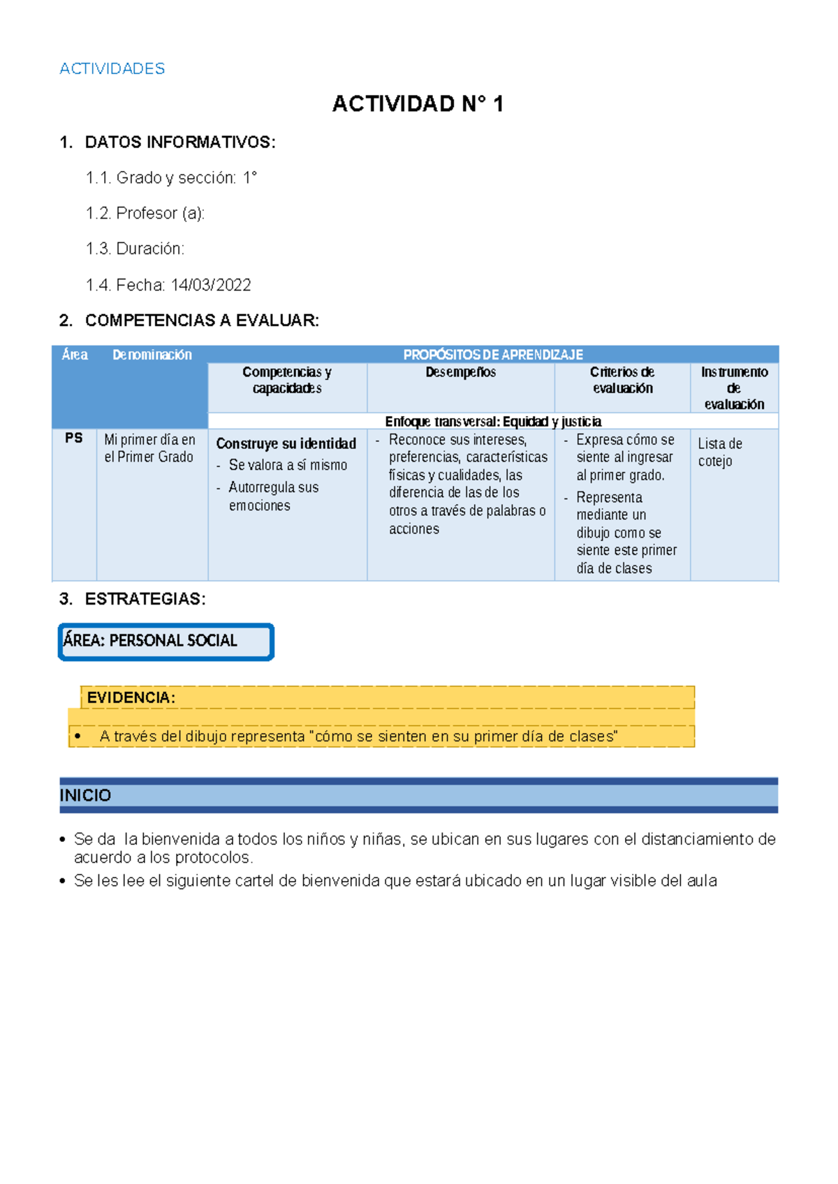 1° Grado MI Primer DIA EN EL 1ª Grado - ACTIVIDAD N° 1 1. DATOS ...