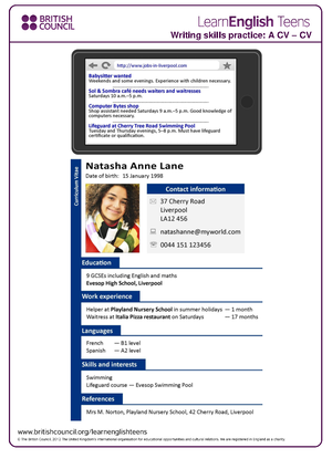 Learn English Writing B2 A CV - Writing: B A CV Learn how to write a ...