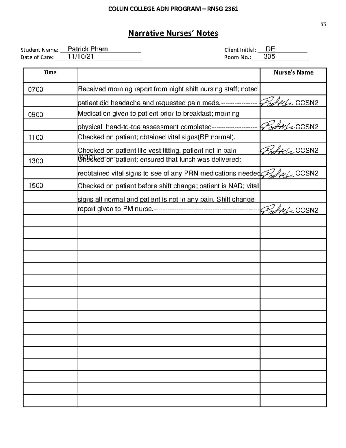 Nurses notes 111021 - Nursing assignments, collin college use as needed ...