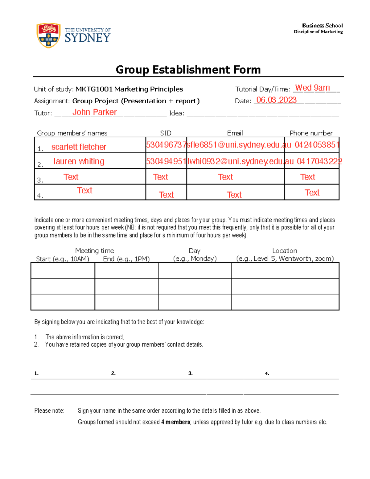 Group Establishment Form - Business School Discipline of Marketing ...