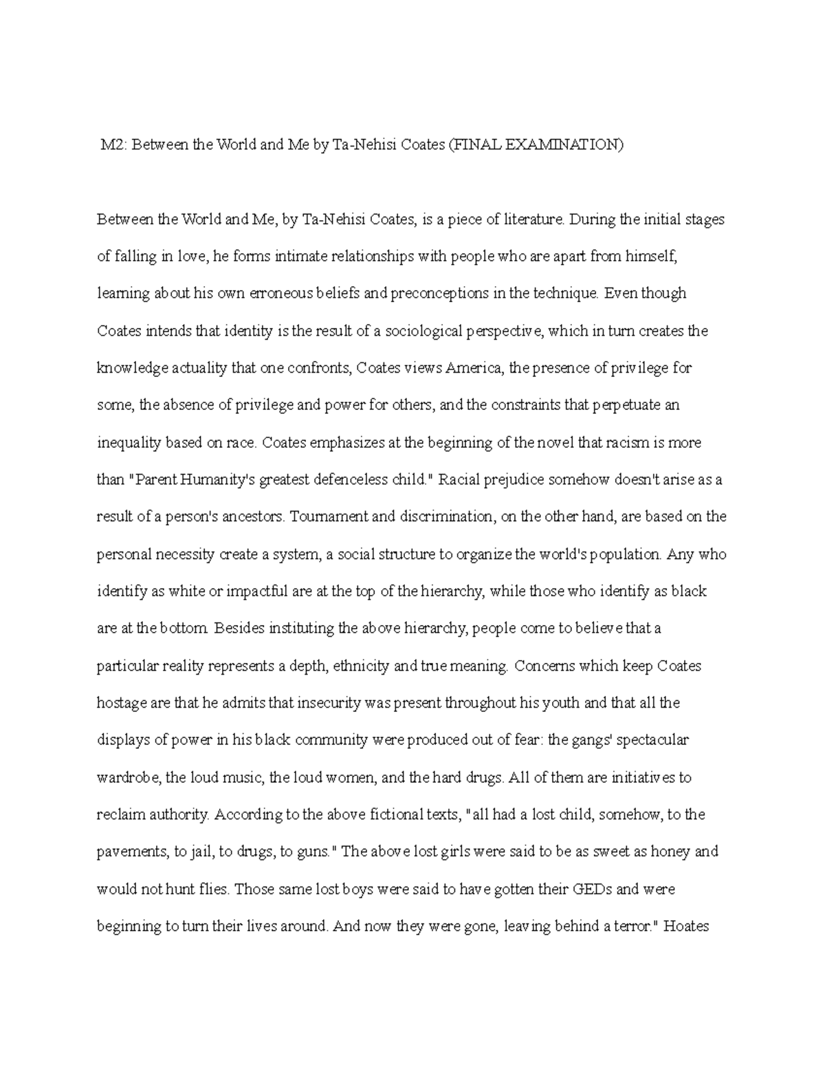 - M2 Between the World and Me by Ta-Nehisi Coates ( Final Examination ...