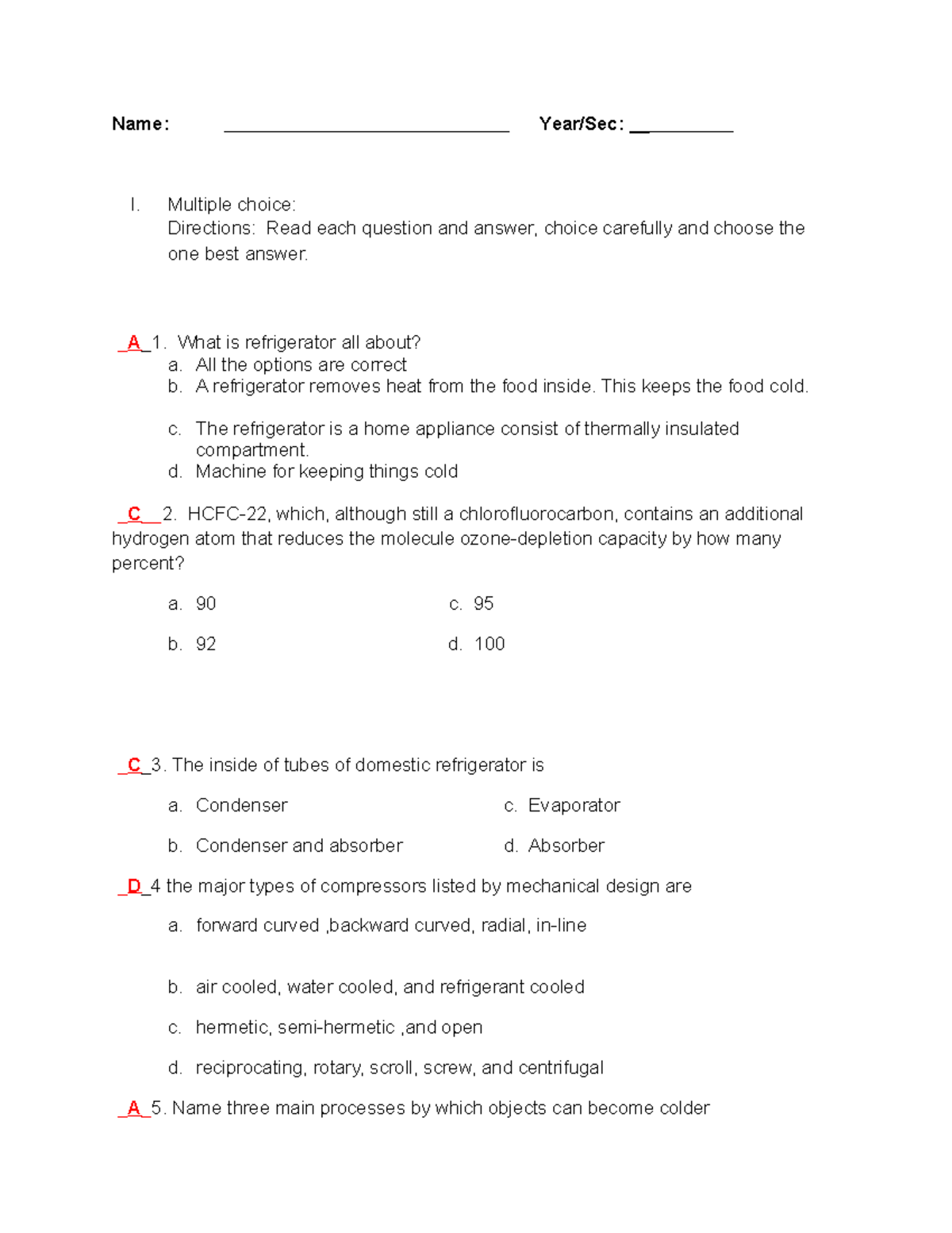 11 - Multiple choice - Name: Year/Sec: __ I. Multiple choice ...