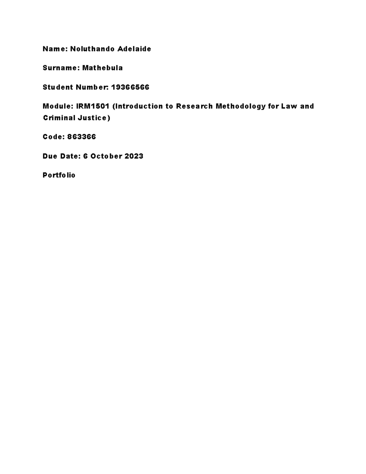 IRM1501 Portfolio - Study ! - Name: Noluthando Adelaide Surname ...