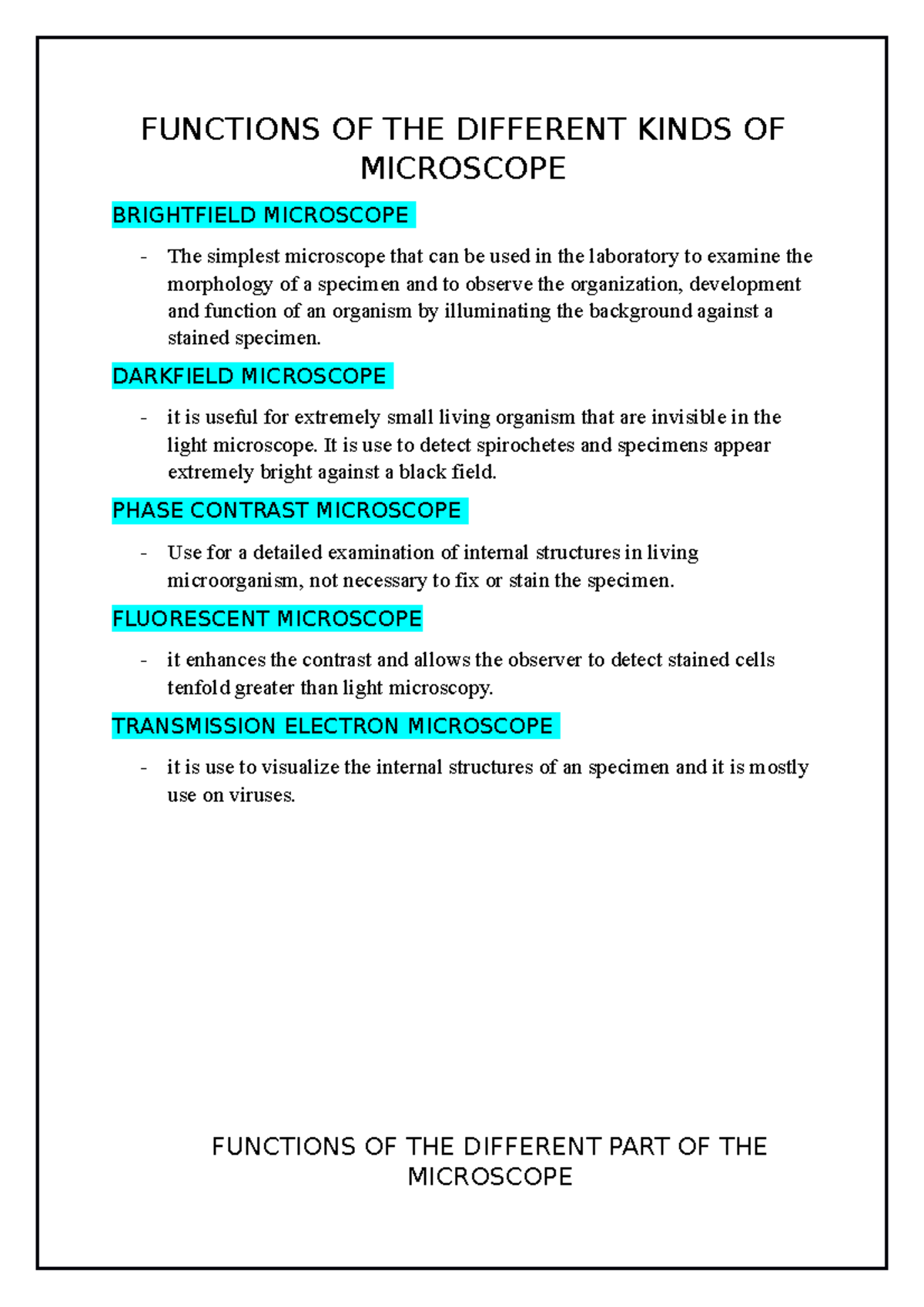 Functions - Microscope - FUNCTIONS OF THE DIFFERENT KINDS OF MICROSCOPE ...