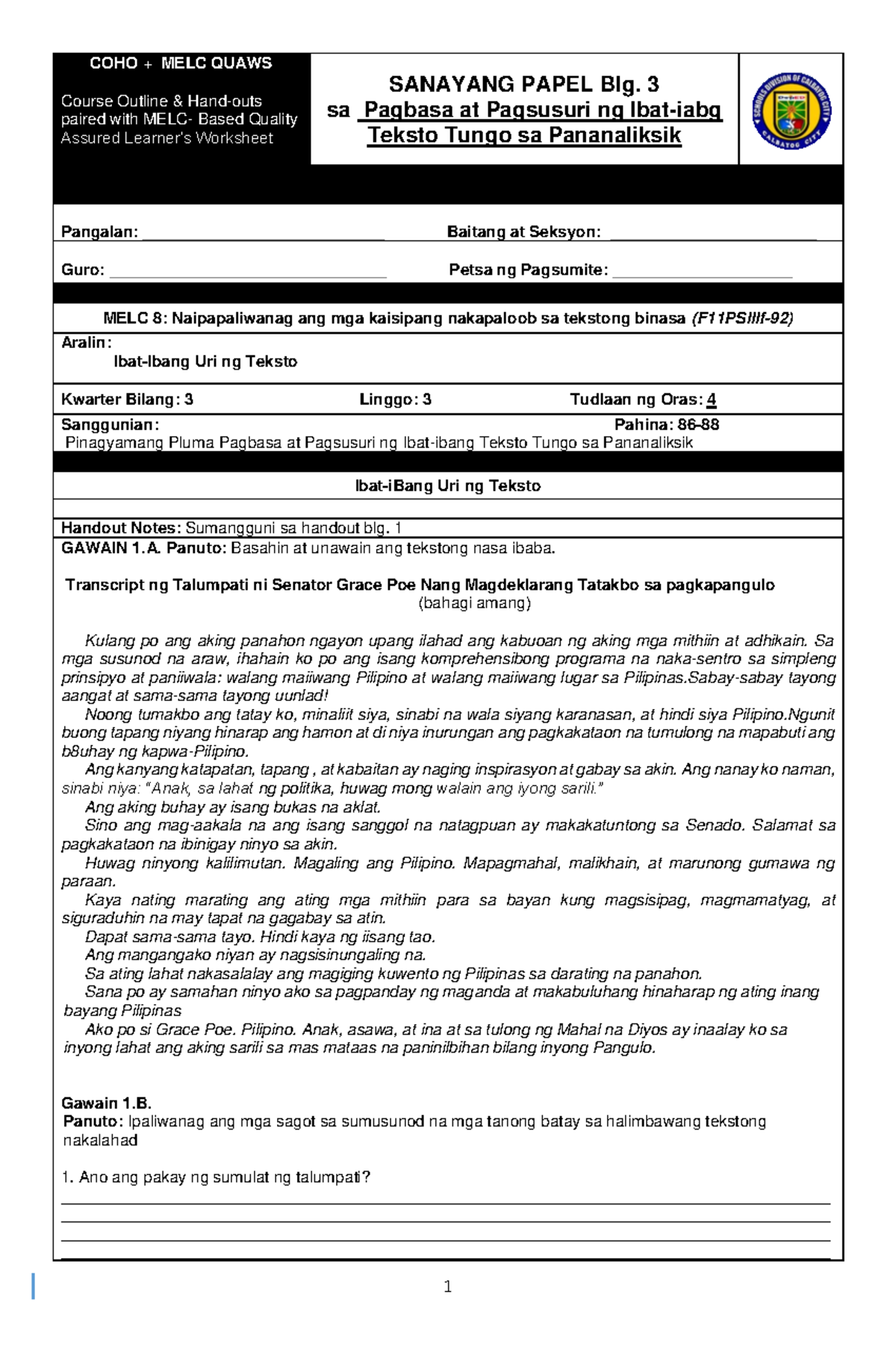 Pagbasa Worksheet w3 - 1 COHO + MELC QUAWS SANAYANG PAPEL Blg. 3 sa ...