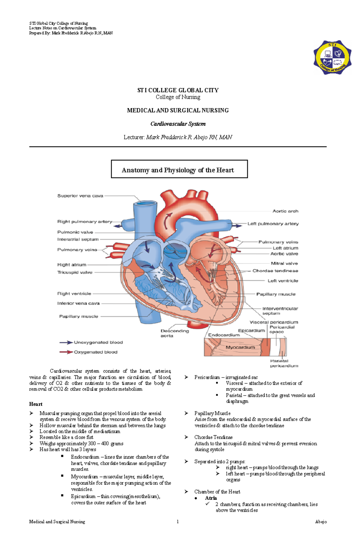 387873174 Cardio Nursing doc - Lecture Notes on Cardiovascular System ...