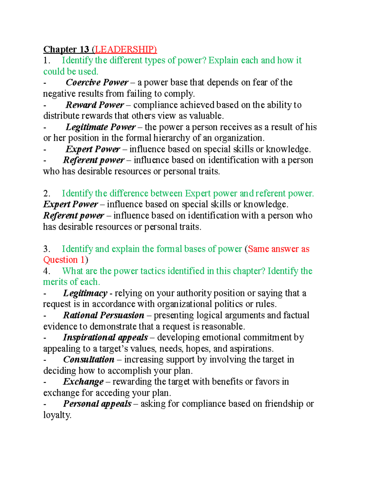 MGMT 340 Study Guide Final - Chapter 13 (LEADERSHIP) Identify the ...