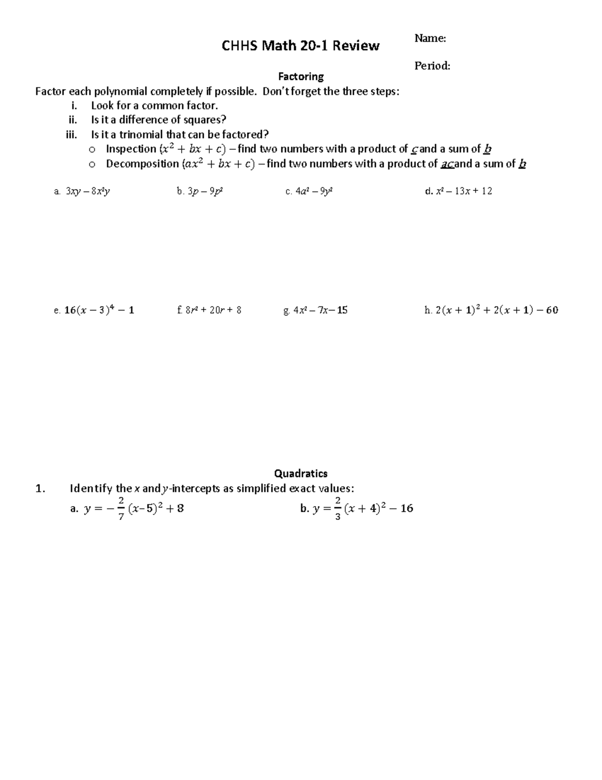 20-1 Skills Review 1 - none - CHHS Math 20- 1 Review Factoring Factor ...