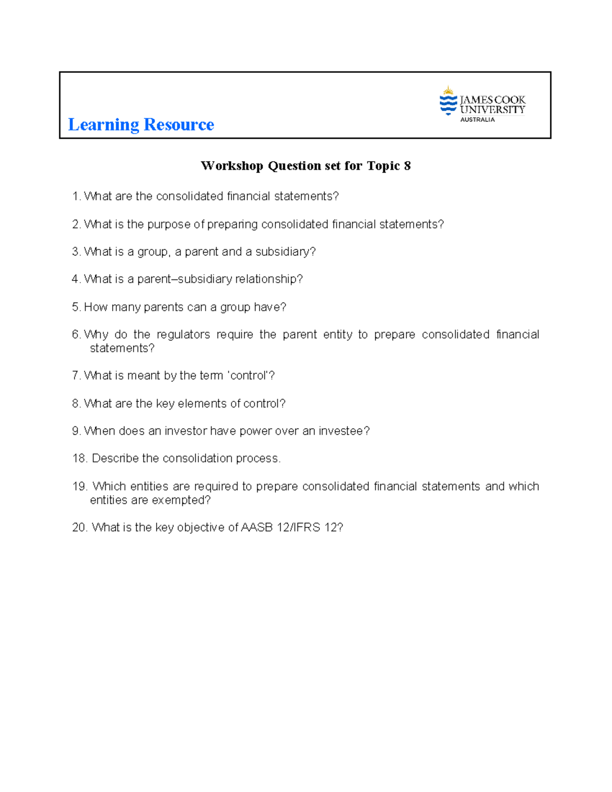 Topic 8 Workshop Questions - Workshop Question set for Topic 8 What are ...