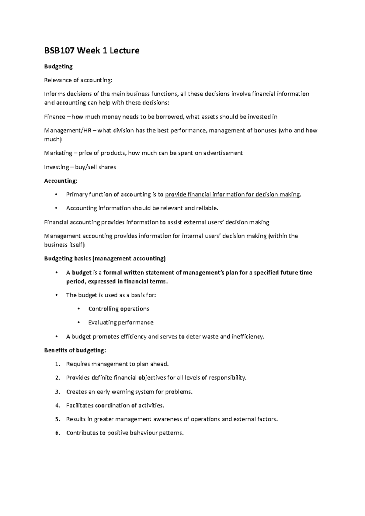 BSB107 Week 1 Lecture (Budgeting) - BSB107 Week 1 Lecture Budgeting Relevance of accounting ...