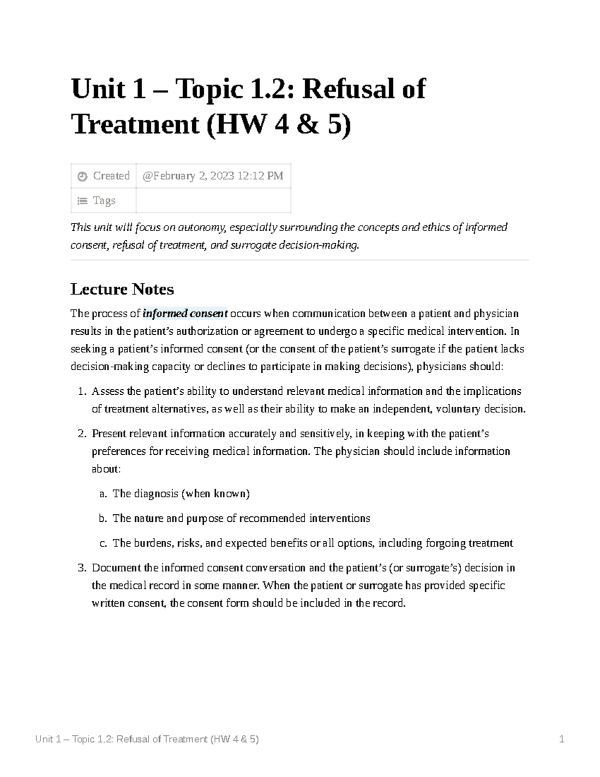 Refusal of Treatment: Autonomy and Informed Consent - Studocu