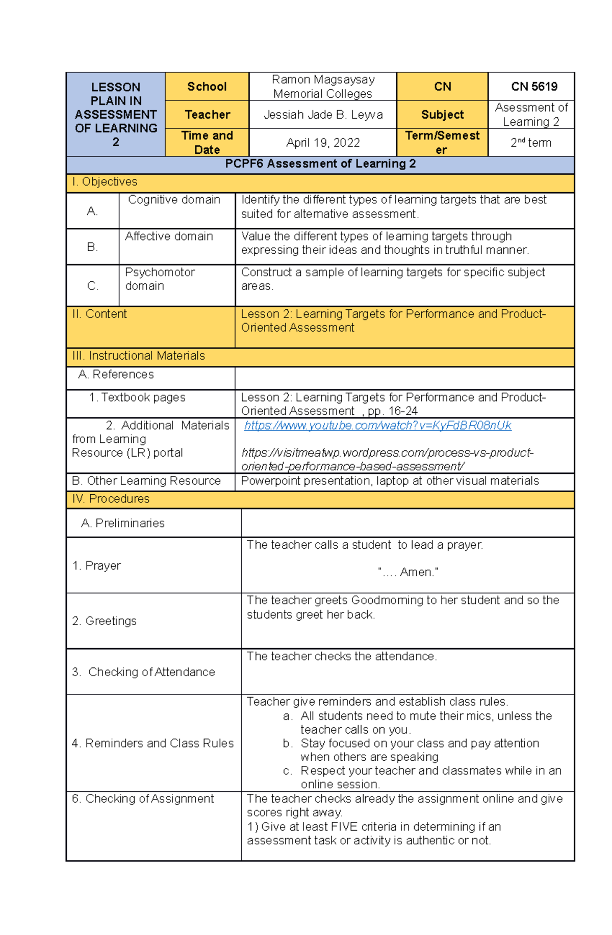 3rd demo - Demo Lesson Plann - LESSON PLAIN IN ASSESSMENT OF LEARNING 2 ...