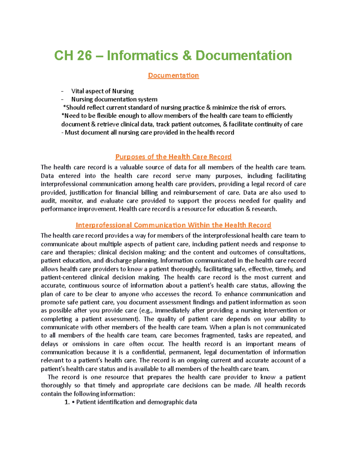 Chapter 26: Informatics & Documentation - CH 26 – Informatics & Documentation Documentation ...
