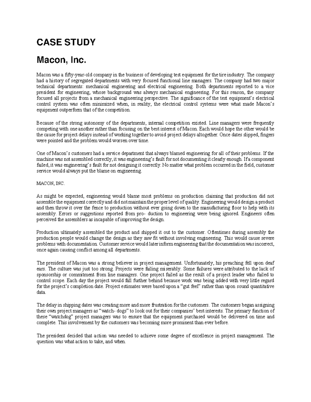 MAEC 1 CASE Study 2 - proj. man. - CASE STUDY Macon, Inc. Macon was a ...