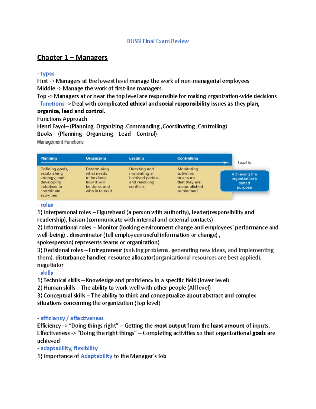 BUSN CH1-7 - SOME NOTES - BUSN Final Exam Review Chapter 1 – Managers ...