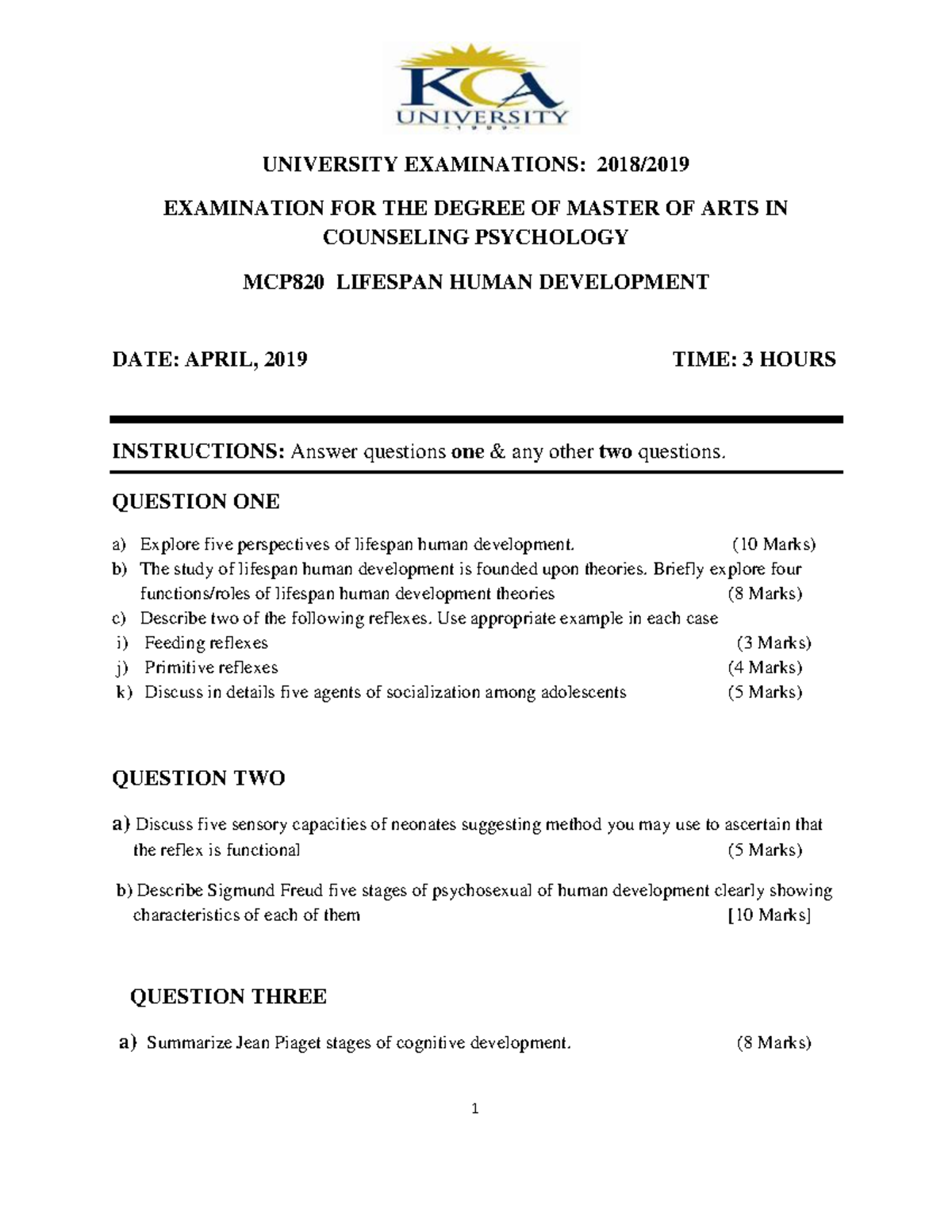 MCP820 Lifespan Human Development - 1 UNIVERSITY EXAMINATIONS: 201 8 / ...