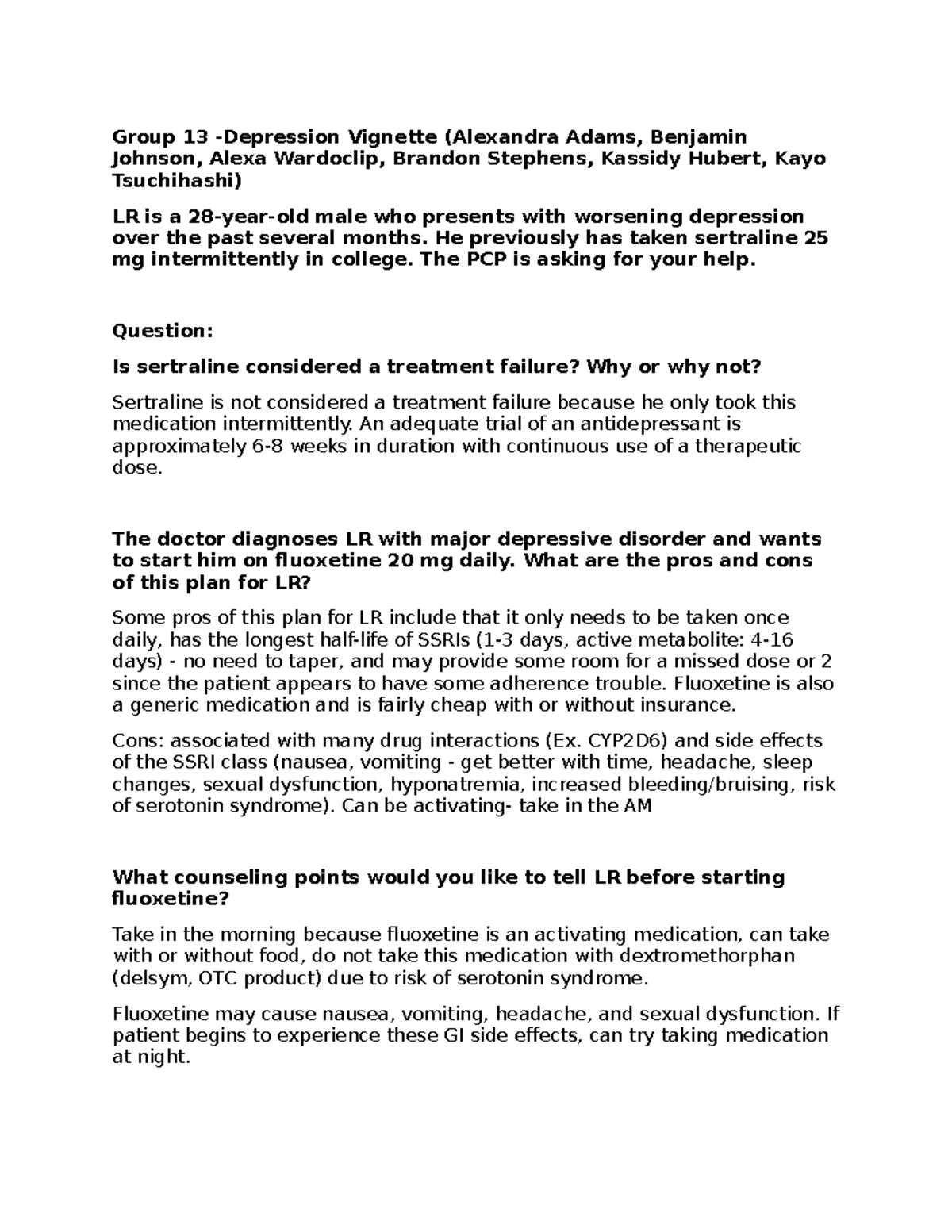 Neuropsych Practica 1 - Depression - Group 13 -Depression Vignette ...