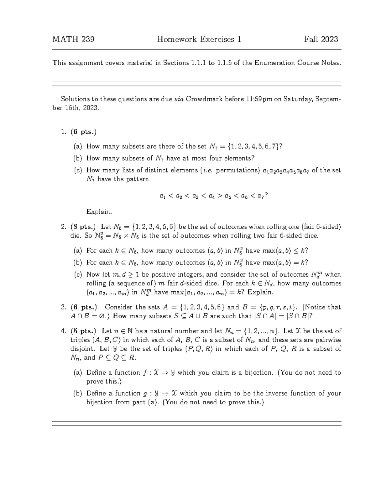 Math239 F23 Hw1 Assignment 1 Math 239 Homework Exercises 1 Fall