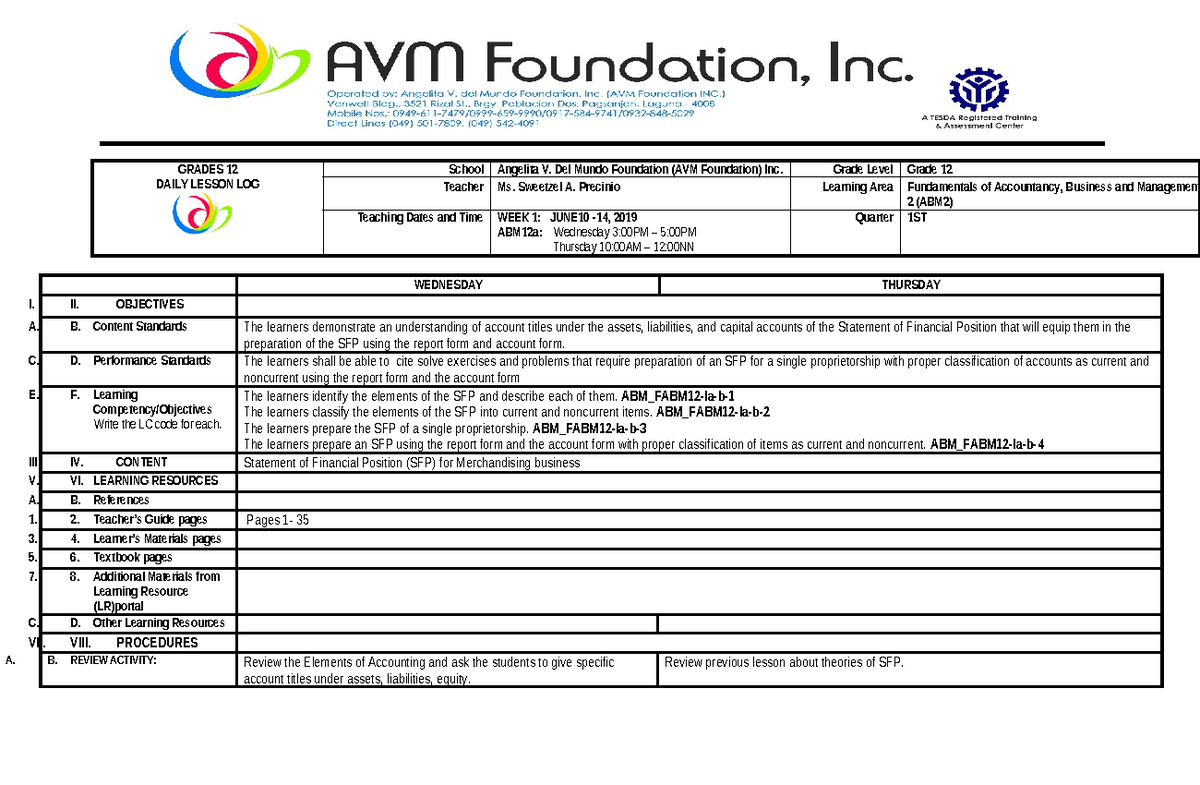 DLL FABM Week1 - GRADES 12 DAILY LESSON LOG School Angelita V. Del ...