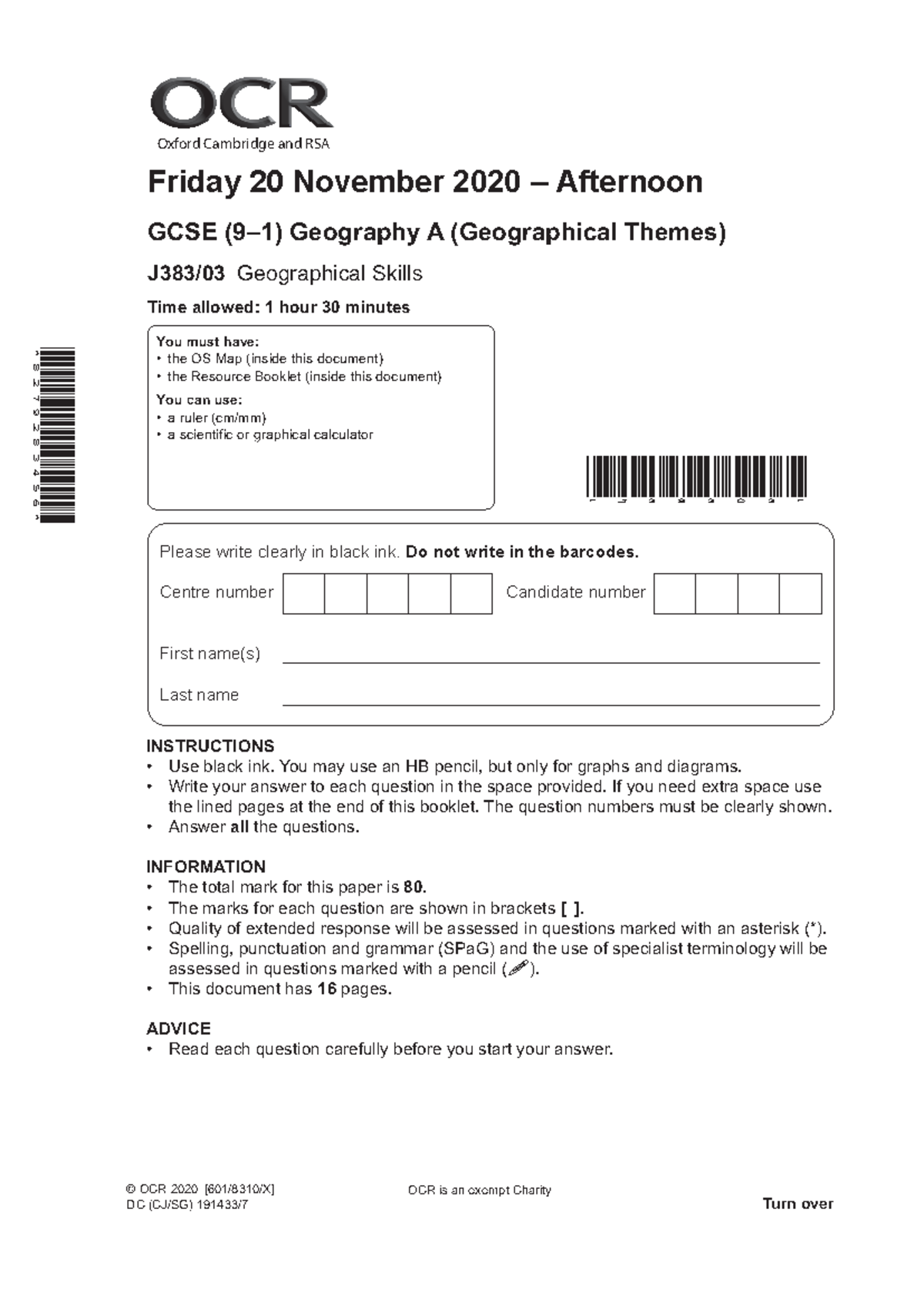 GCSE OCR Geography J383 03 Paper A June 2020 - Oxford Cambridge and RSA ...