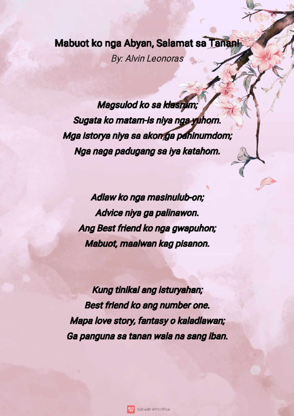 Poem for you WPS Office - Poem - Mabuot ko nga Abyan, Salamat sa Tanan! By: Alvin Leonoras ...