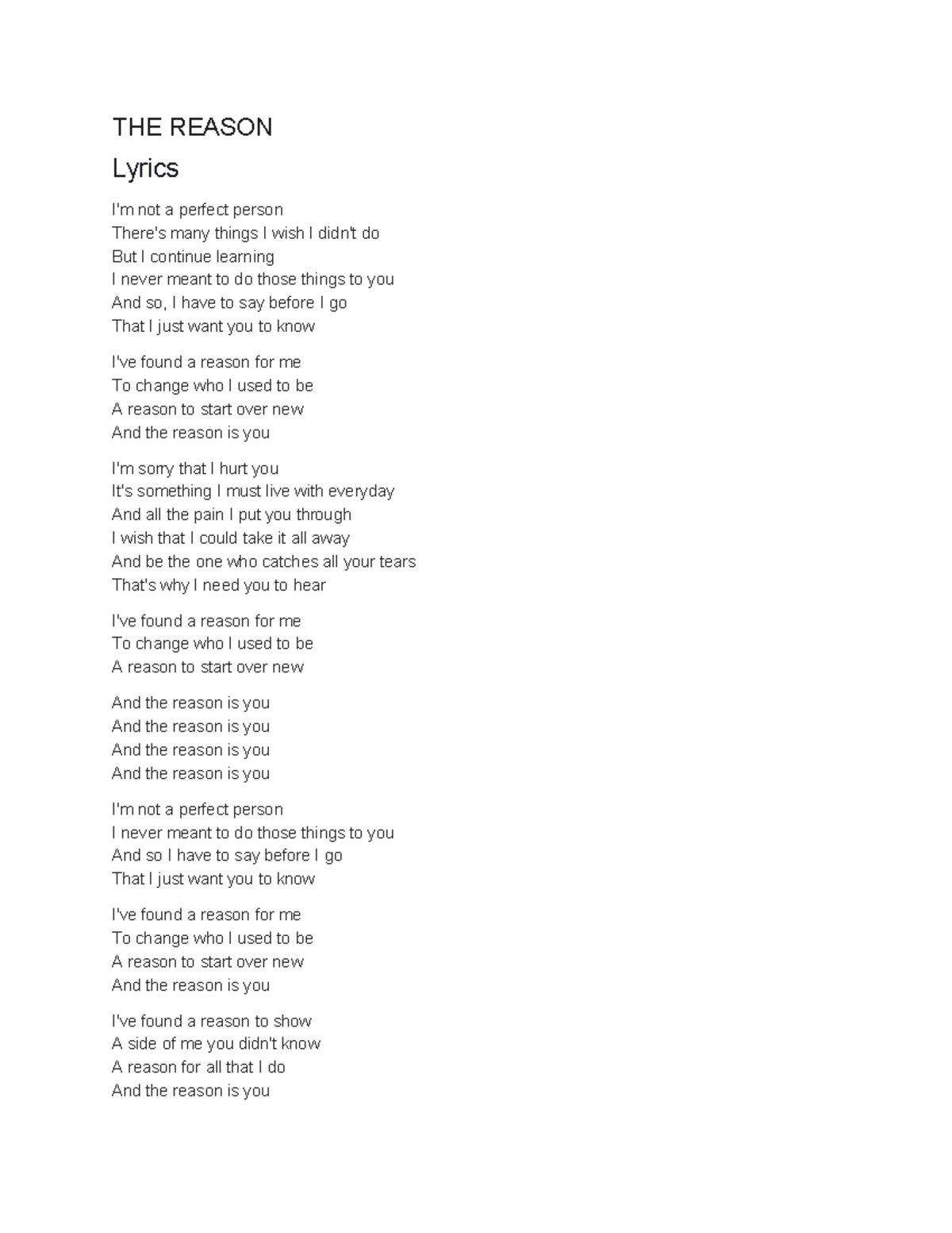 THE Reason - .... - THE REASON Lyrics I'm not a perfect person There's ...