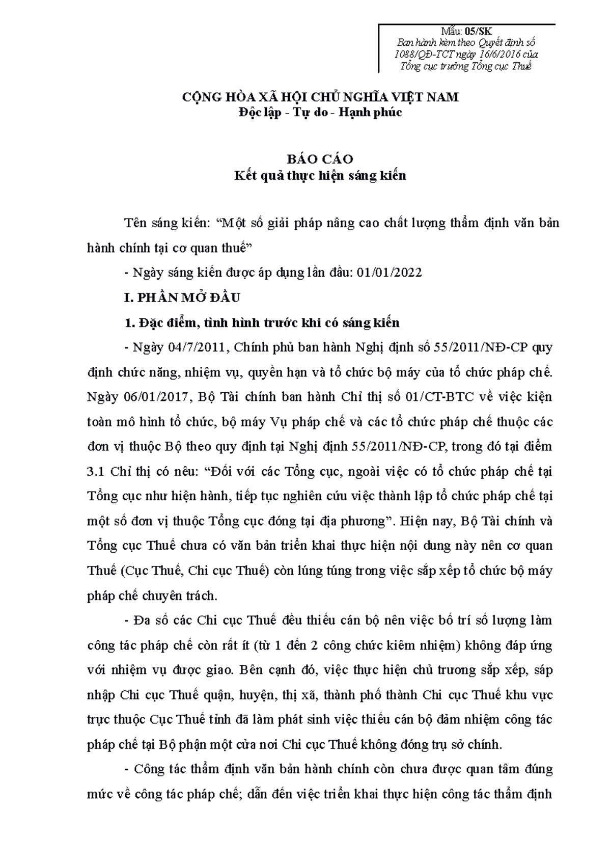 Mẫu 05 bao cao ket qua thuc hien sang kien - CỘNG HÒA XÃ HỘI CHỦ NGHĨA VIỆT NAM Độc lập - Tự do ...