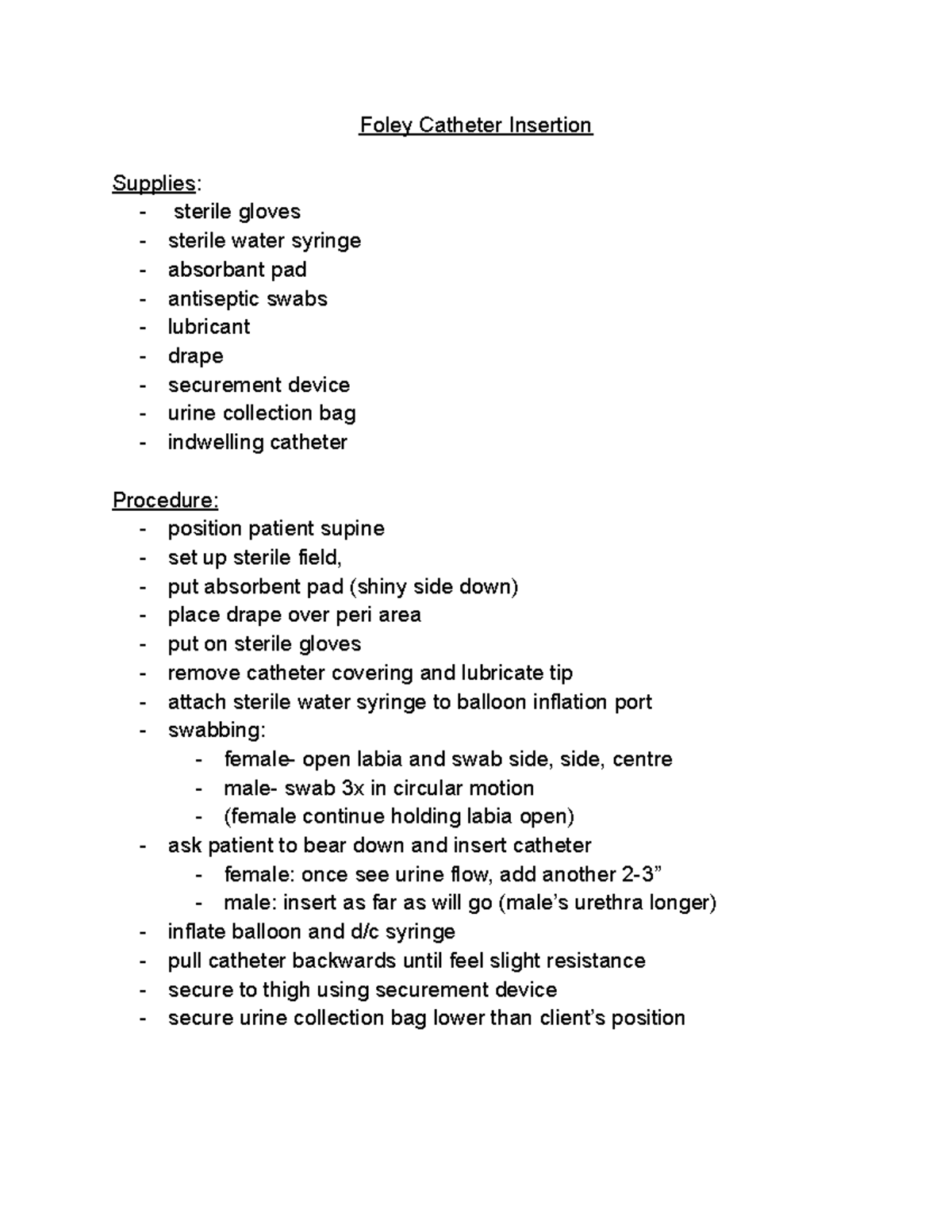 Foley Catheter Insertion skill card - Foley Catheter Insertion Supplies ...