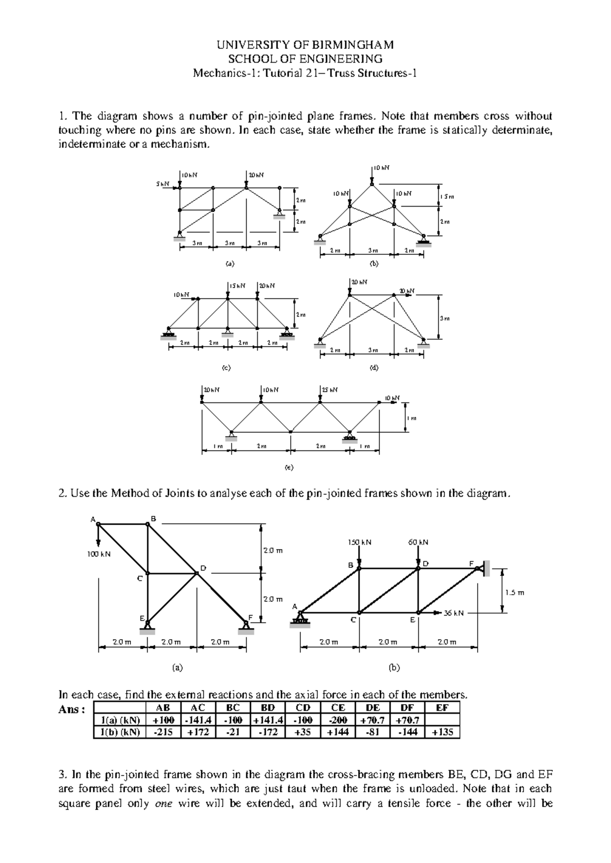 Tutorial 21 - Truss structures-1 - UNIVERSITY OF BIRMINGHAM SCHOOL OF ...