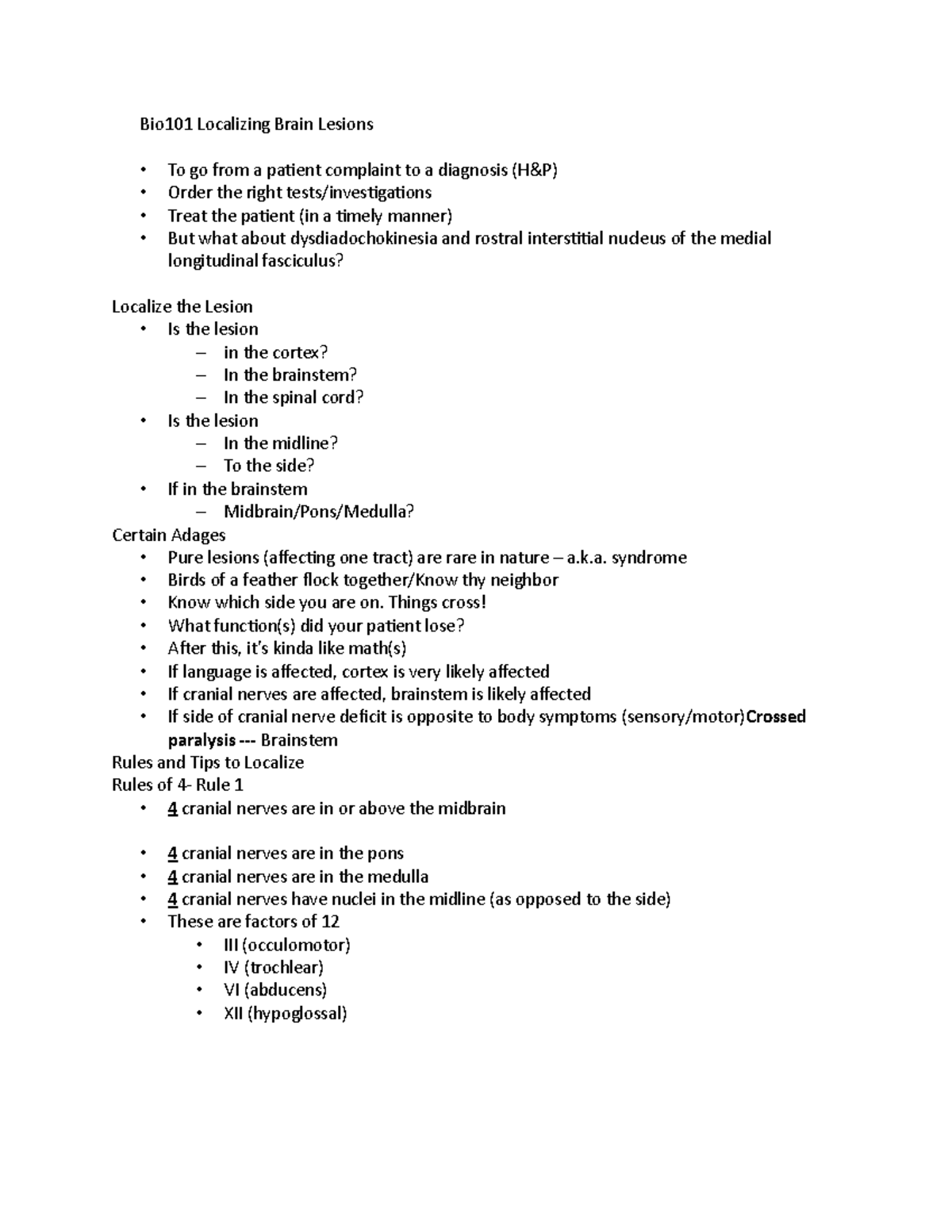 Bio101 Localizing Brain Lesions - k. syndrome - Birds of a feather ...