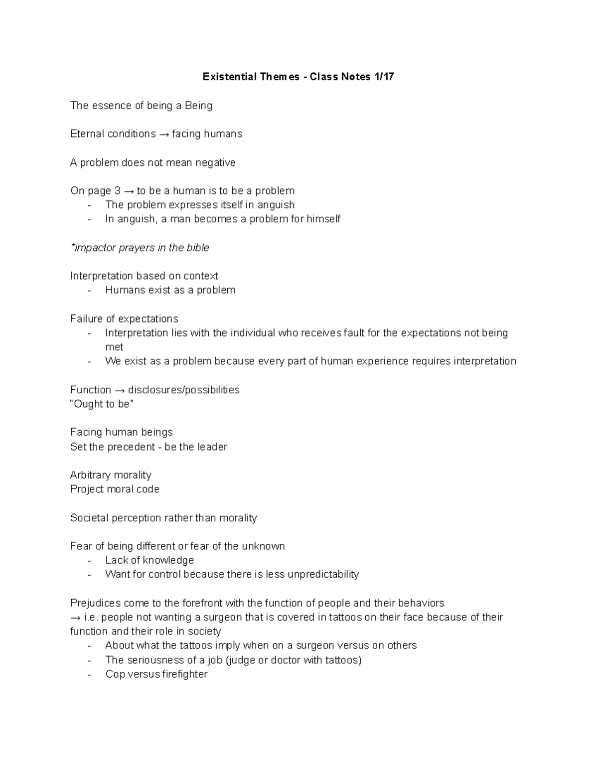Existential Themes - Class Notes 1-17 - Existential Themes - Class ...
