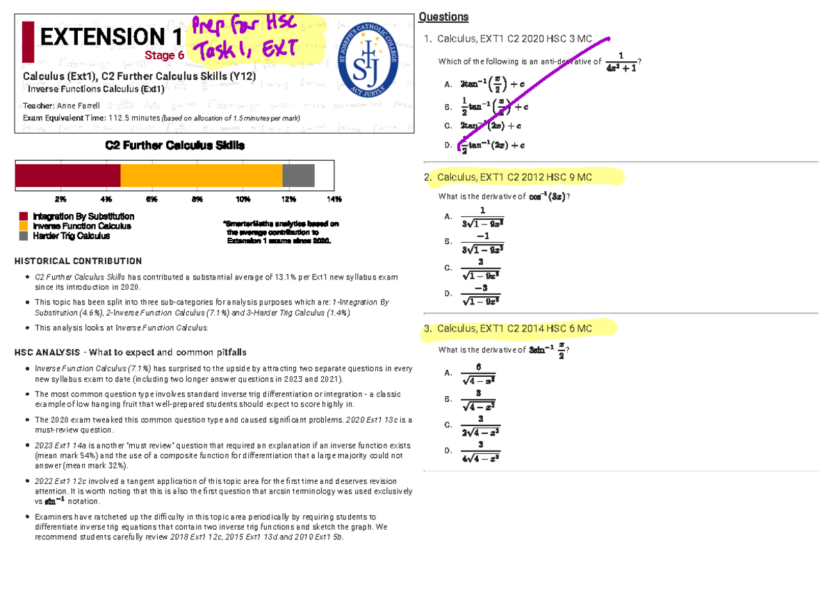 2024 Ext 1 Inv Fns Calculus -for HSC - Calculus (Ext 1 ), C 2 Further ...