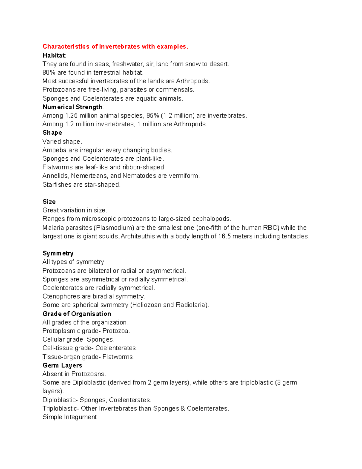 Characteristics of Invertebrates with examples - Habitat : They are ...