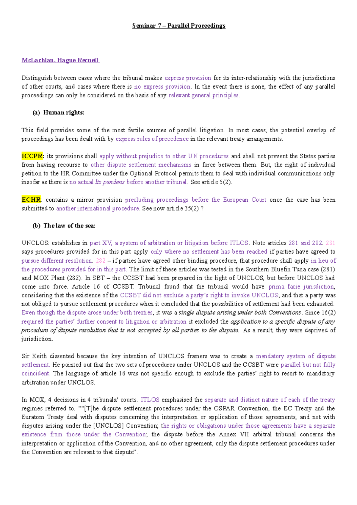 International Dispute Settlement - Parallel Proceedings - Seminar 7 ...