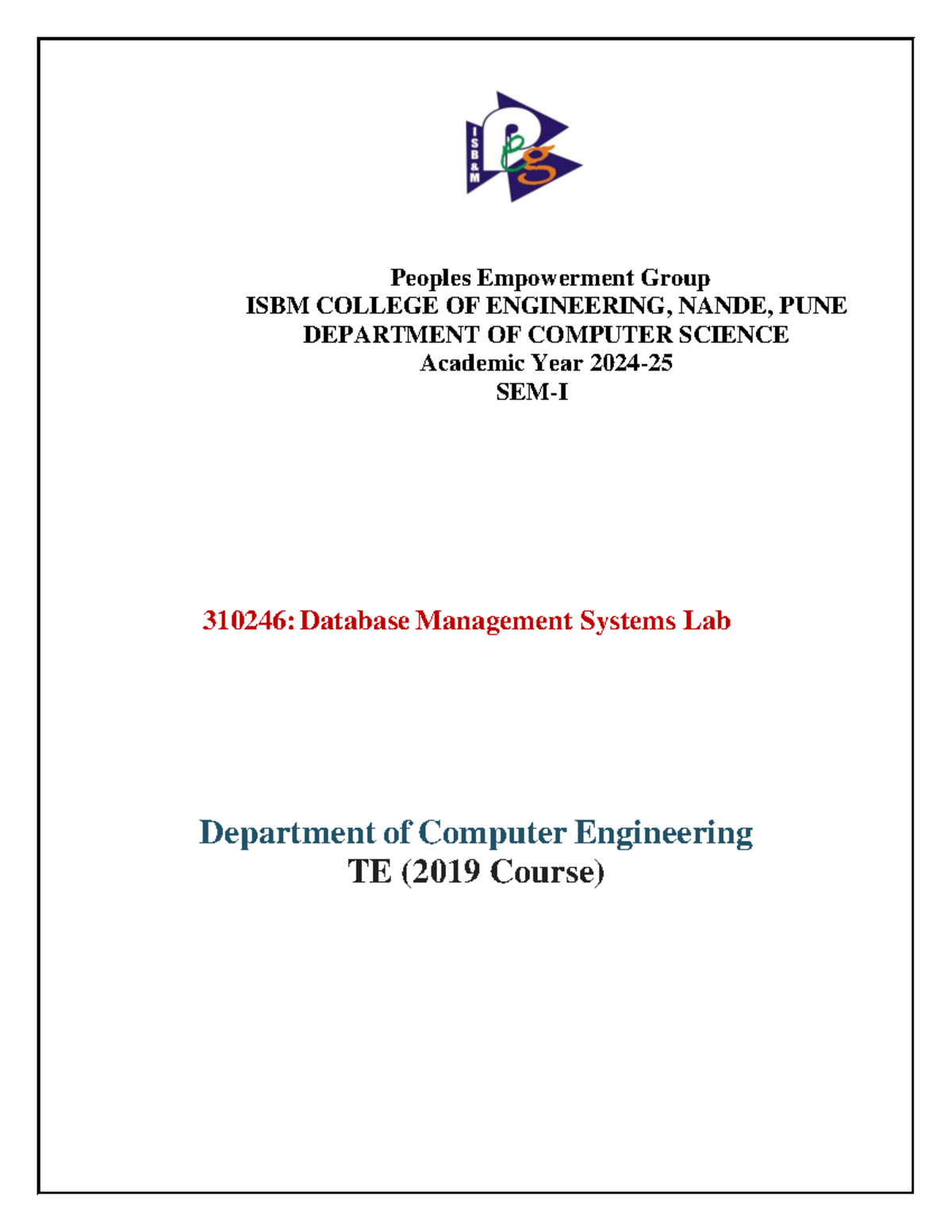 Dbmsl Lab Manual Sgerb Dffbdb Peoples Empowerment Group Isbm College Of Engineering Nande