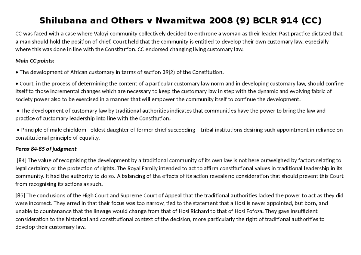 Shilubana case - Shilubana and Others v Nwamitwa 2008 (9) BCLR 914 (CC ...