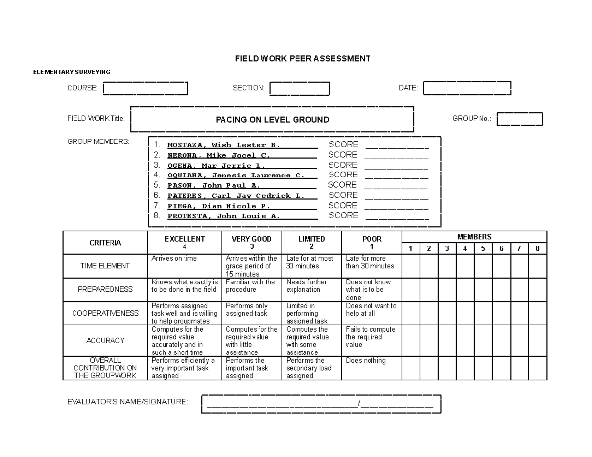 Field Work Peer Assessment - FIELD WORK PEER ASSESSMENT COURSE: FIELD ...