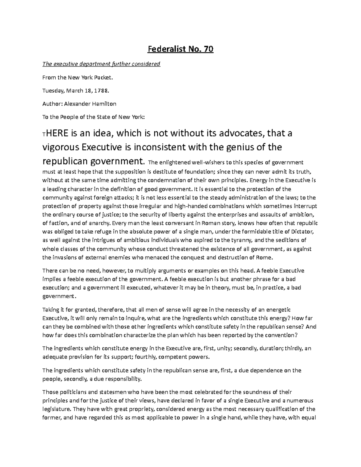 Federalist 70 - k k k - Federalist No. 70 The executive department ...
