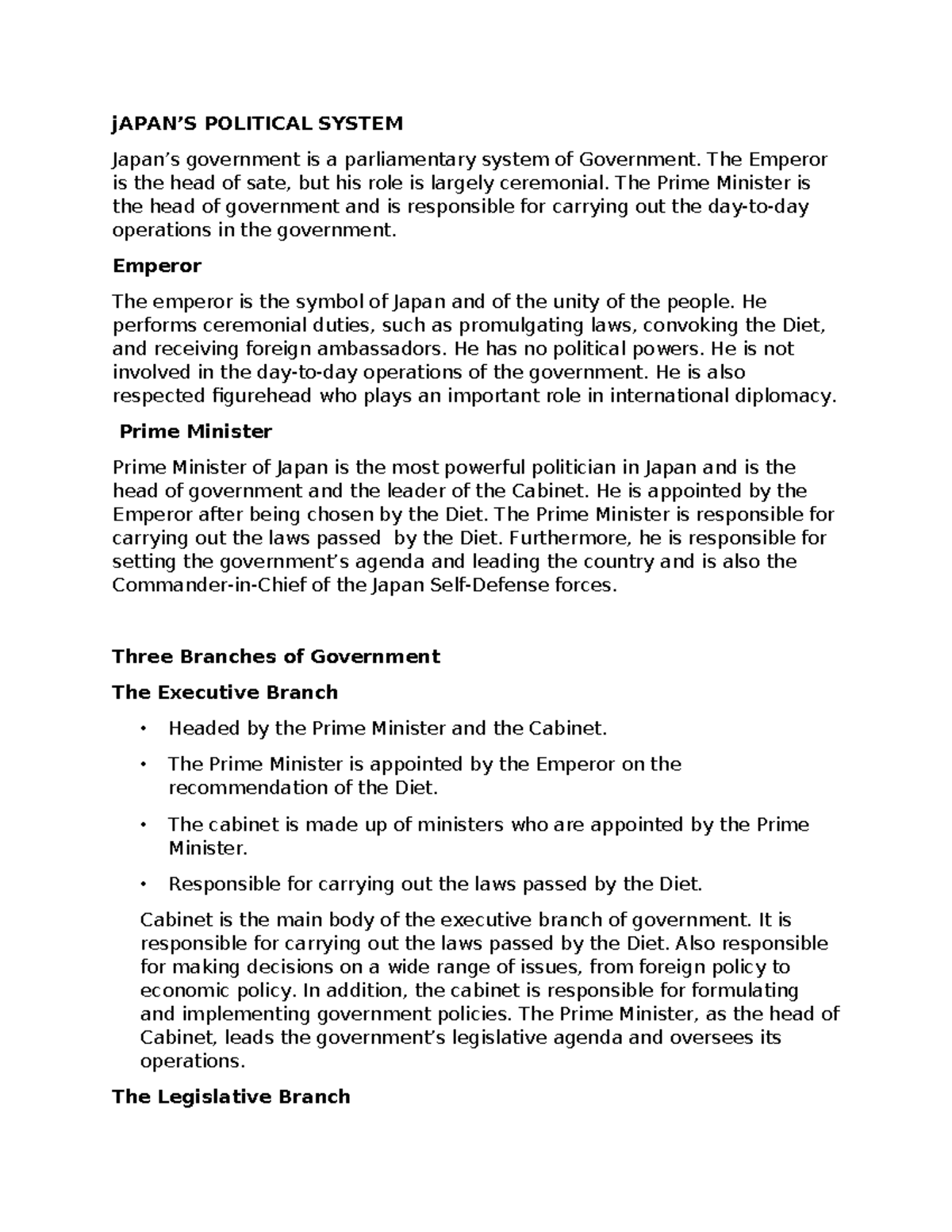 Japan's Political System - jAPAN’S POLITICAL SYSTEM Japan’s government ...