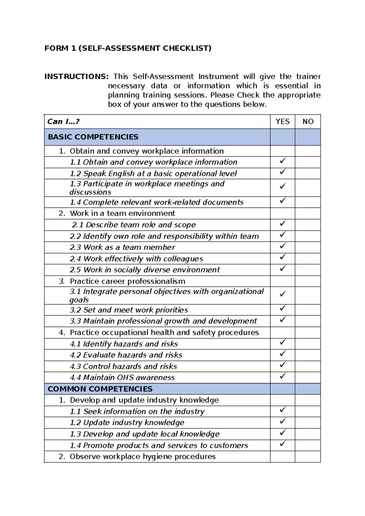 Candidato- TNA - Its about tna - FORM 1 (SELF-ASSESSMENT CHECKLIST) INSTRUCTIONS: This - Studocu