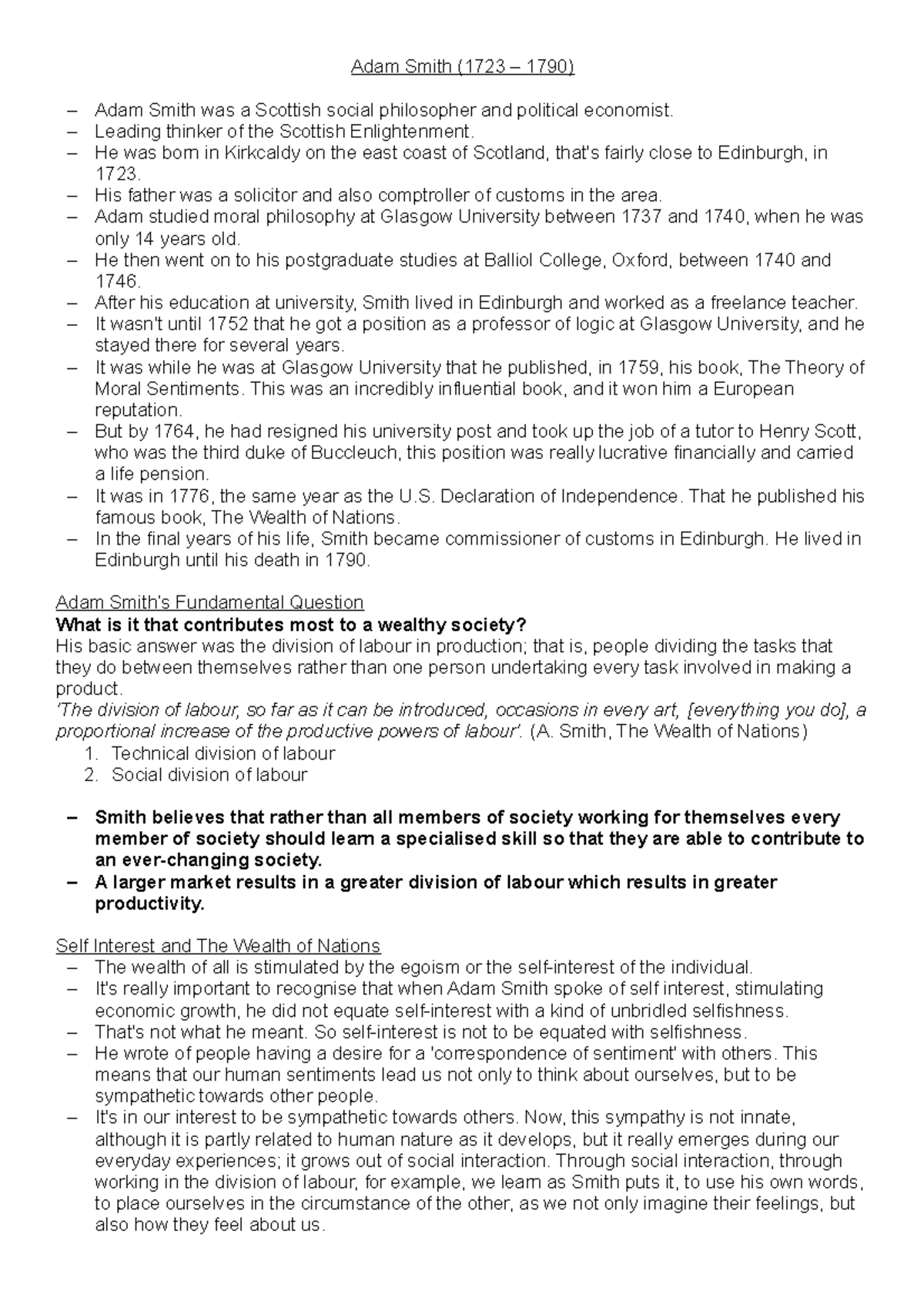 Adam Smith - 1st Year Module - Adam Smith (1723 – 1790) Adam Smith was ...